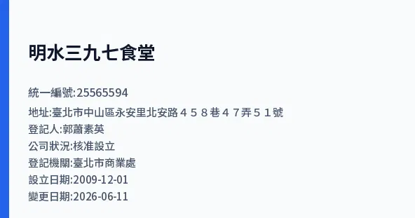 明水三九七食堂的照片-統編 25565594(臺北市) 公司登記資料與營業項目詳細圖表