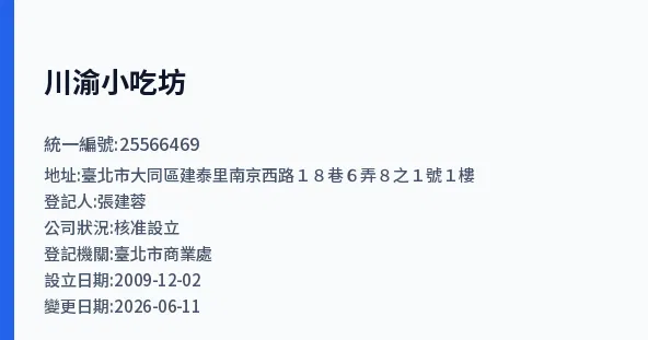 川渝小吃坊的照片-統編 25566469(臺北市) 公司登記資料與營業項目詳細圖表
