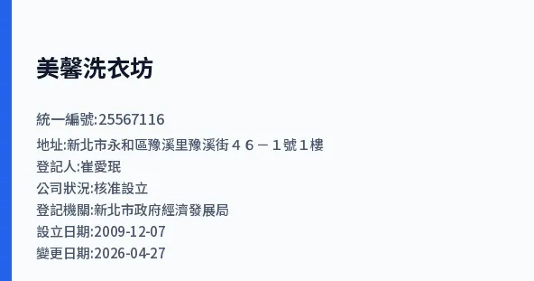 美馨洗衣坊的照片-統編 25567116(新北市) 公司登記資料與營業項目詳細圖表