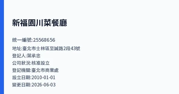 新福園川菜餐廳的照片-統編 25568656(臺北市) 公司登記資料與營業項目詳細圖表