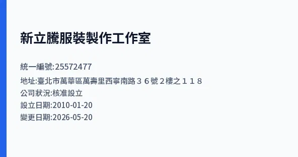 新立騰服裝製作工作室的照片-統編 25572477(臺北市) 公司登記資料與營業項目詳細圖表