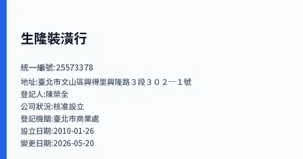 生隆裝潢行的照片-統編 25573378(臺北市) 公司登記資料與營業項目詳細圖表
