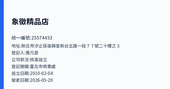 象徵精品店的照片-統編 25574453(新北市) 公司登記資料與營業項目詳細圖表