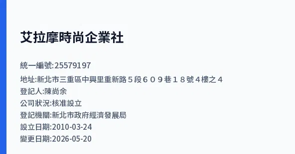艾拉摩時尚企業社的照片-統編 25579197(新北市) 公司登記資料與營業項目詳細圖表