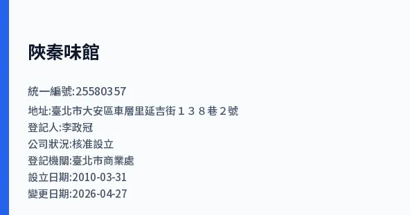陜秦味館的照片-統編 25580357(臺北市) 公司登記資料與營業項目詳細圖表