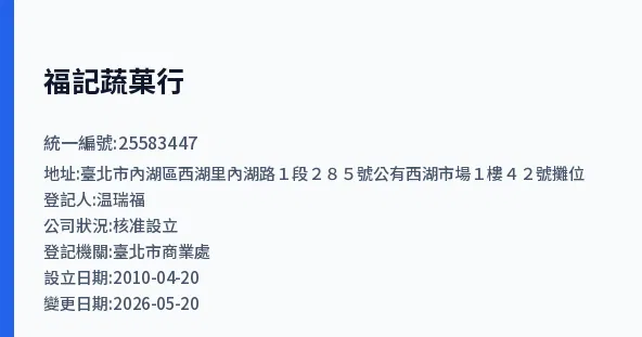 福記蔬菓行的照片-統編 25583447(臺北市) 公司登記資料與營業項目詳細圖表