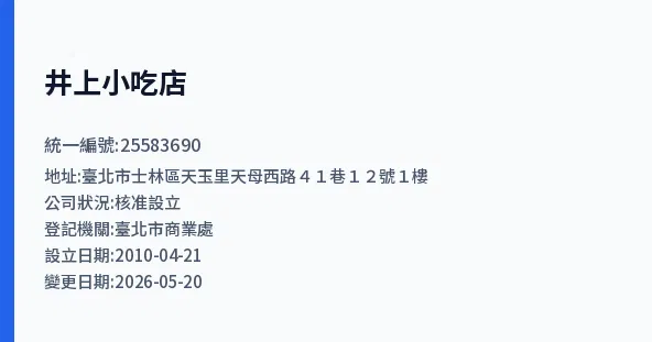 井上小吃店的照片-統編 25583690(臺北市) 公司登記資料與營業項目詳細圖表