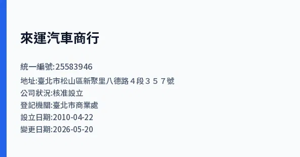 來運汽車商行的照片-統編 25583946(臺北市) 公司登記資料與營業項目詳細圖表