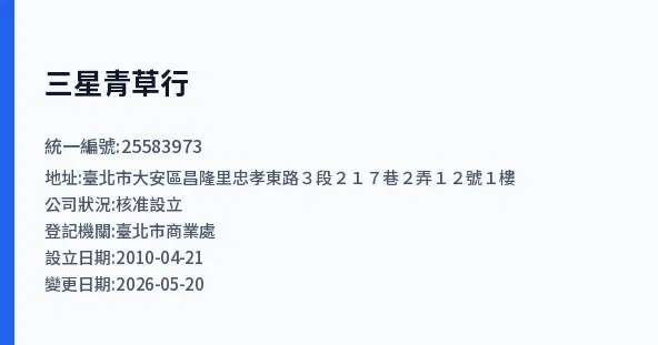 三星青草行的照片-統編 25583973(臺北市) 公司登記資料與營業項目詳細圖表