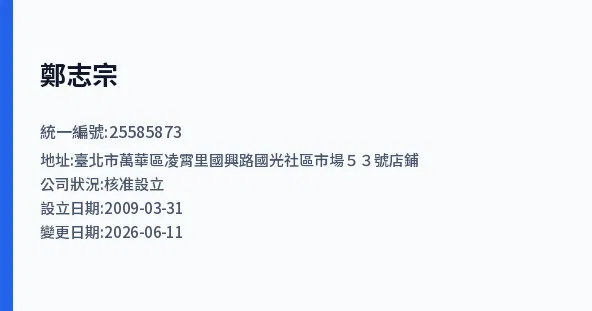 鄭志宗的照片-統編 25585873(臺北市) 公司登記資料與營業項目詳細圖表