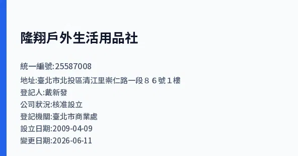 隆翔戶外生活用品社的照片-統編 25587008(臺北市) 公司登記資料與營業項目詳細圖表