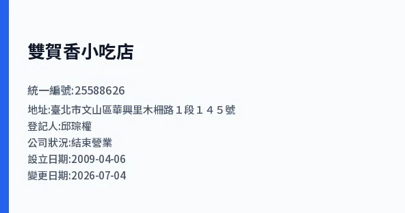 雙賀香小吃店的照片-統編 25588626(臺北市) 公司登記資料與營業項目詳細圖表
