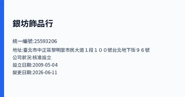 銀坊飾品行的照片-統編 25593206(臺北市) 公司登記資料與營業項目詳細圖表