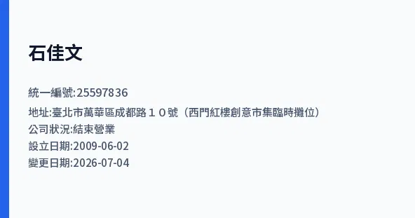 石佳文的照片-統編 25597836(臺北市) 公司登記資料與營業項目詳細圖表