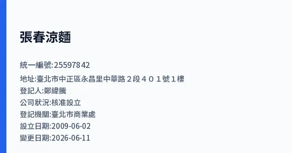 張春涼麵的照片-統編 25597842(臺北市) 公司登記資料與營業項目詳細圖表