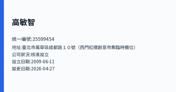 高敏智的照片-統編 25599454(臺北市) 公司登記資料與營業項目詳細圖表