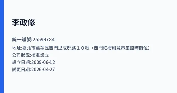 李政修的照片-統編 25599784(臺北市) 公司登記資料與營業項目詳細圖表