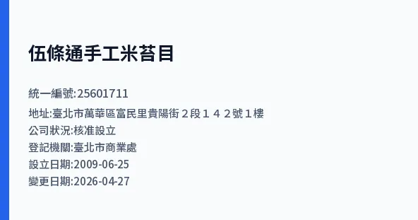 伍條通手工米苔目的照片-統編 25601711(臺北市) 公司登記資料與營業項目詳細圖表