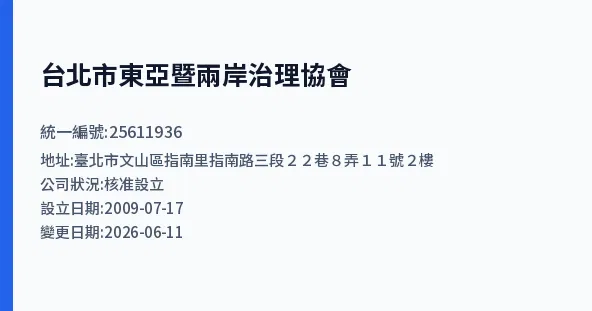 台北市東亞暨兩岸治理協會的照片-統編 25611936(臺北市) 公司登記資料與營業項目詳細圖表