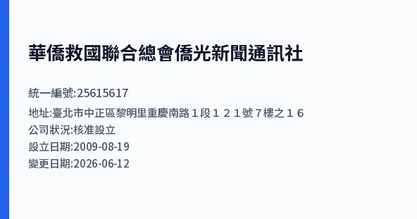 華僑救國聯合總會僑光新聞通訊社的照片-統編 25615617(臺北市) 公司登記資料與營業項目詳細圖表
