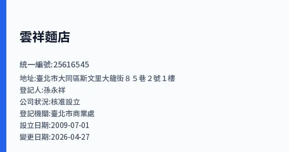 雲祥麵店的照片-統編 25616545(臺北市) 公司登記資料與營業項目詳細圖表