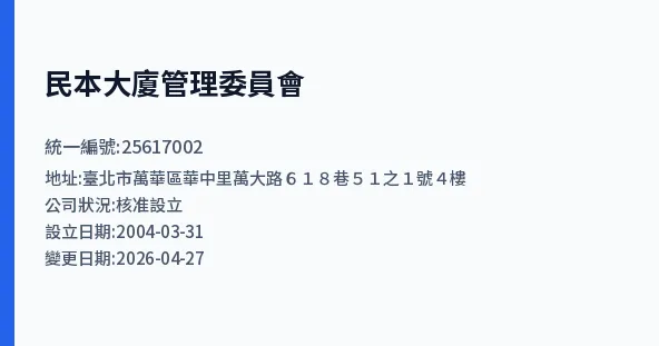 民本大廈管理委員會的照片-統編 25617002(臺北市) 公司登記資料與營業項目詳細圖表