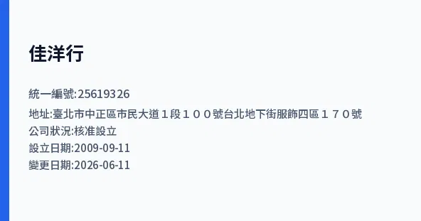 佳洋行的照片-統編 25619326(臺北市) 公司登記資料與營業項目詳細圖表