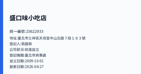 盛口味小吃店的照片-統編 25622933(臺北市) 公司登記資料與營業項目詳細圖表