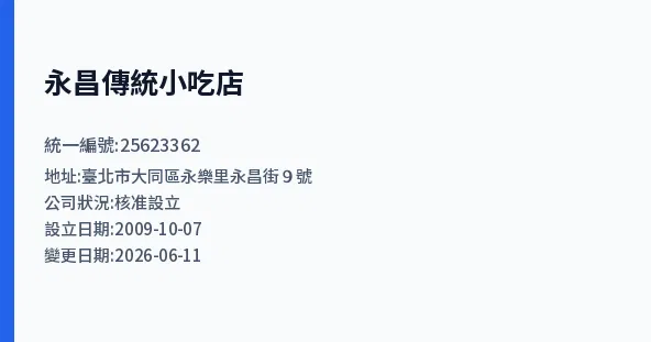 永昌傳統小吃店的照片-統編 25623362(臺北市) 公司登記資料與營業項目詳細圖表