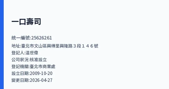 一口壽司的照片-統編 25626261(臺北市) 公司登記資料與營業項目詳細圖表