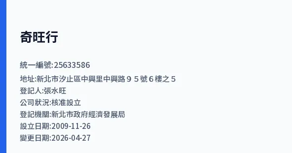 奇旺行的照片-統編 25633586(新北市) 公司登記資料與營業項目詳細圖表