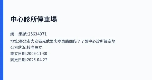 中心診所停車場的照片-統編 25634071(臺北市) 公司登記資料與營業項目詳細圖表