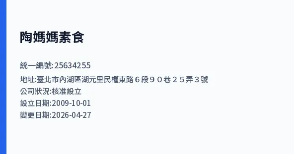 陶媽媽素食的照片-統編 25634255(臺北市) 公司登記資料與營業項目詳細圖表