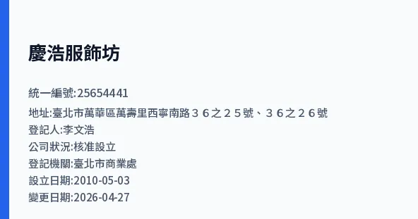 慶浩服飾坊的照片-統編 25654441(臺北市) 公司登記資料與營業項目詳細圖表