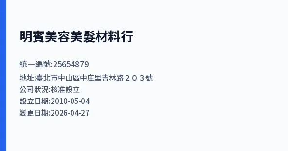 明賓美容美髮材料行的照片-統編 25654879(臺北市) 公司登記資料與營業項目詳細圖表