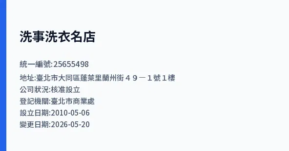 洗事洗衣名店的照片-統編 25655498(臺北市) 公司登記資料與營業項目詳細圖表