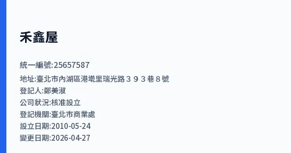 禾鑫屋的照片-統編 25657587(臺北市) 公司登記資料與營業項目詳細圖表
