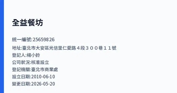 全益餐坊的照片-統編 25659826(臺北市) 公司登記資料與營業項目詳細圖表