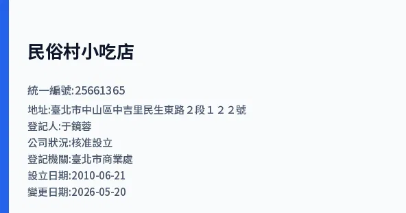 民俗村小吃店的照片-統編 25661365(臺北市) 公司登記資料與營業項目詳細圖表