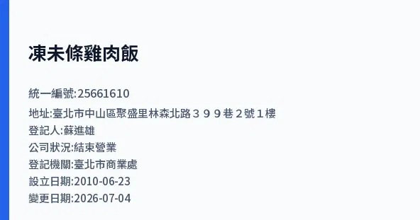 凍未條雞肉飯的照片-統編 25661610(臺北市) 公司登記資料與營業項目詳細圖表