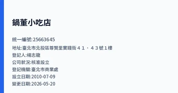 鍋董小吃店的照片-統編 25663645(臺北市) 公司登記資料與營業項目詳細圖表