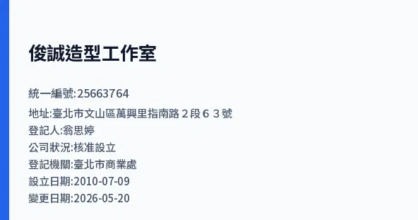俊誠造型工作室的照片-統編 25663764(臺北市) 公司登記資料與營業項目詳細圖表