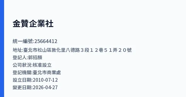 金贊企業社的照片-統編 25664412(臺北市) 公司登記資料與營業項目詳細圖表