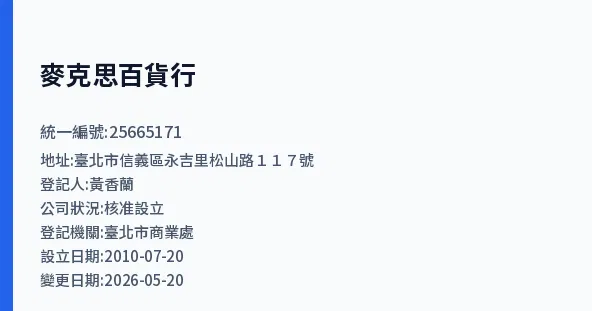 麥克思百貨行的照片-統編 25665171(臺北市) 公司登記資料與營業項目詳細圖表
