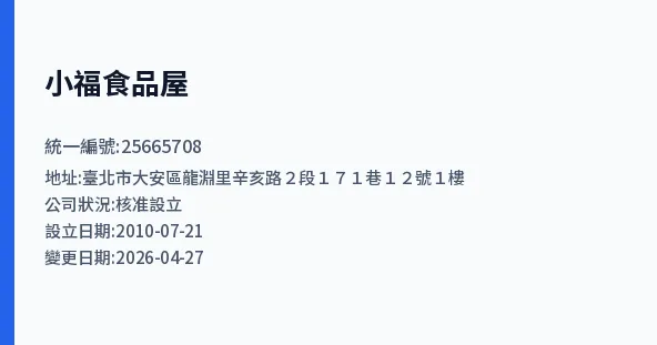 小福食品屋的照片-統編 25665708(臺北市) 公司登記資料與營業項目詳細圖表