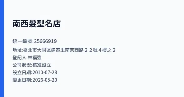 南西髮型名店的照片-統編 25666919(臺北市) 公司登記資料與營業項目詳細圖表