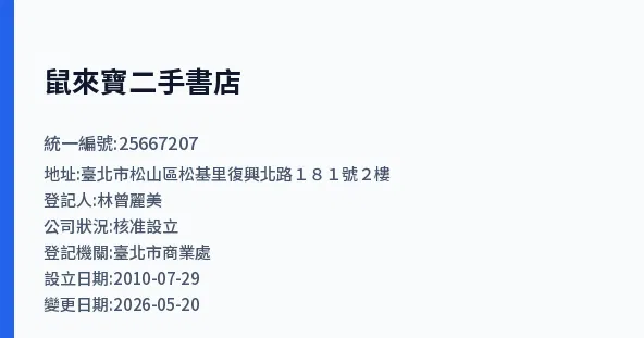 鼠來寶二手書店的照片-統編 25667207(臺北市) 公司登記資料與營業項目詳細圖表