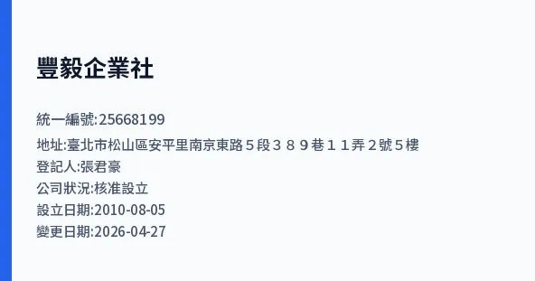 豐毅企業社的照片-統編 25668199(臺北市) 公司登記資料與營業項目詳細圖表