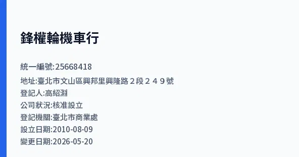 鋒權輪機車行的照片-統編 25668418(臺北市) 公司登記資料與營業項目詳細圖表
