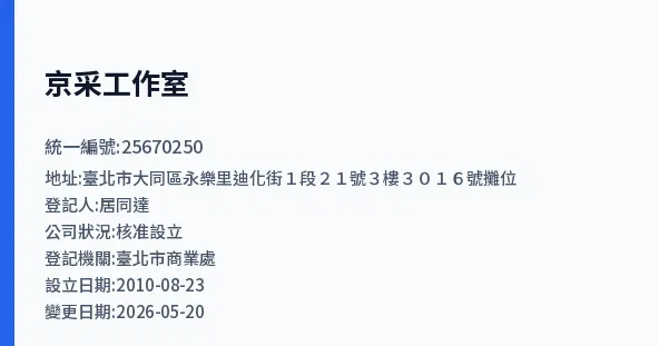 京采工作室的照片-統編 25670250(臺北市) 公司登記資料與營業項目詳細圖表